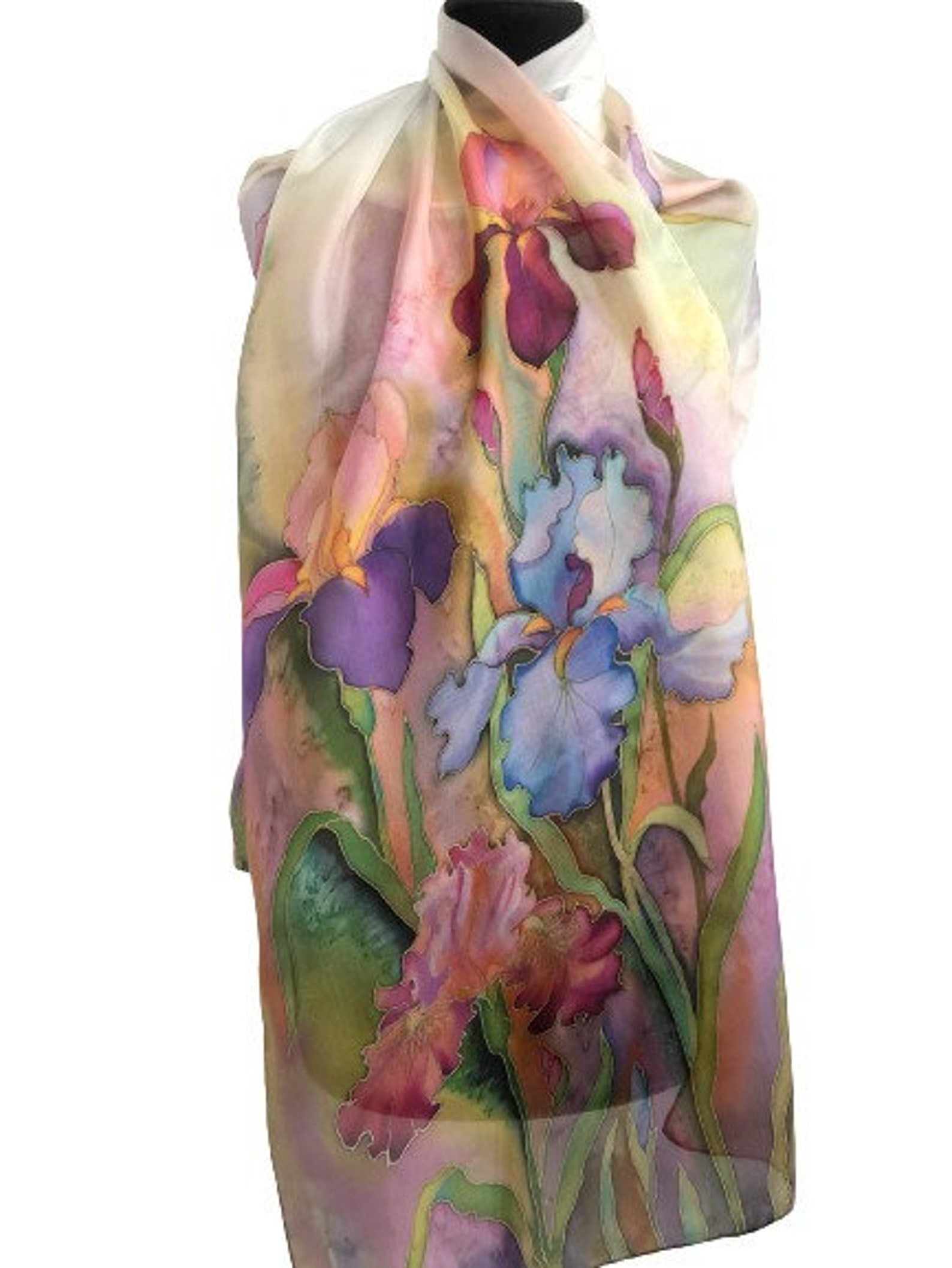 Handpainted Silk Scarf Irises Long Scarf Garden Flowers Silk - Etsy