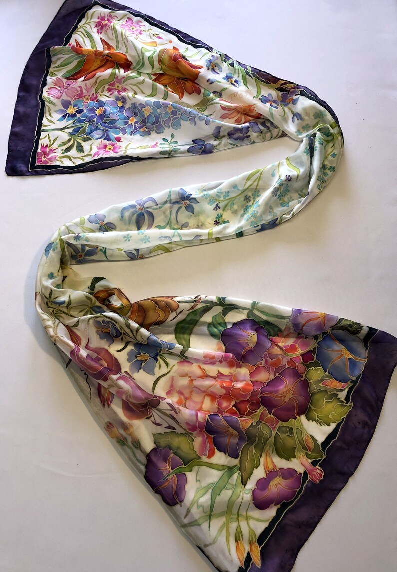 Silk Scarf June Flowers Natural Motiv Silk Scarf Hand - Etsy