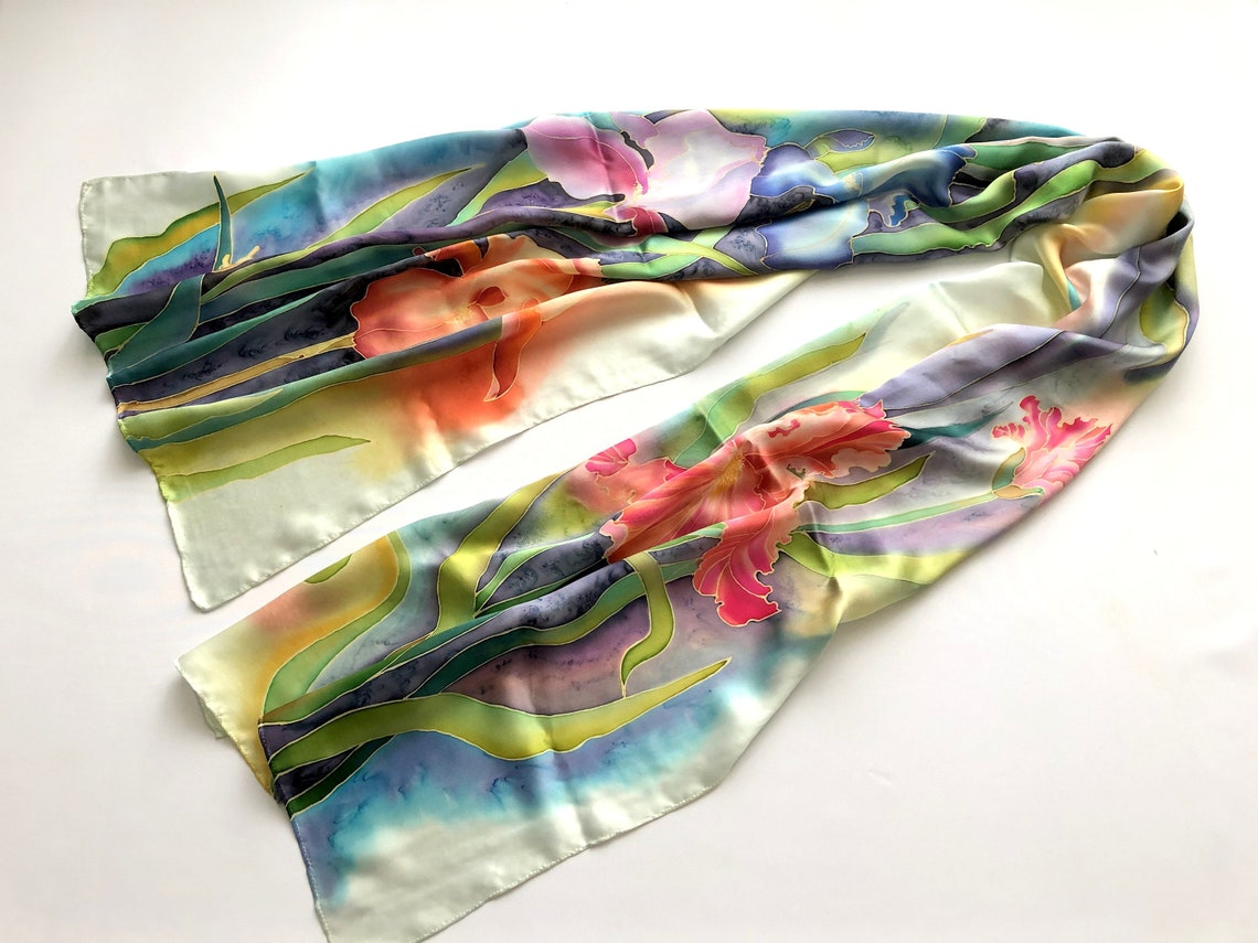 Iris Batik Silk Satin Scarf Hand Painted Silk Gift Women - Etsy