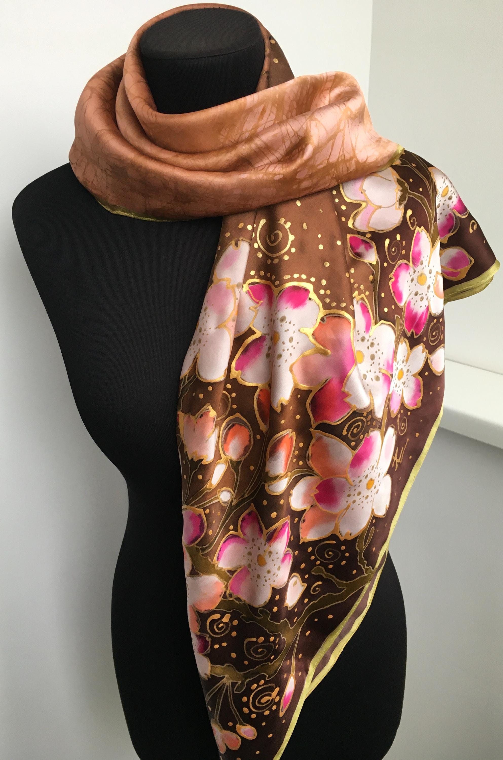 Hand Painted Satin Scarf Sakura Japanese Motif Gift for Her Unique ...