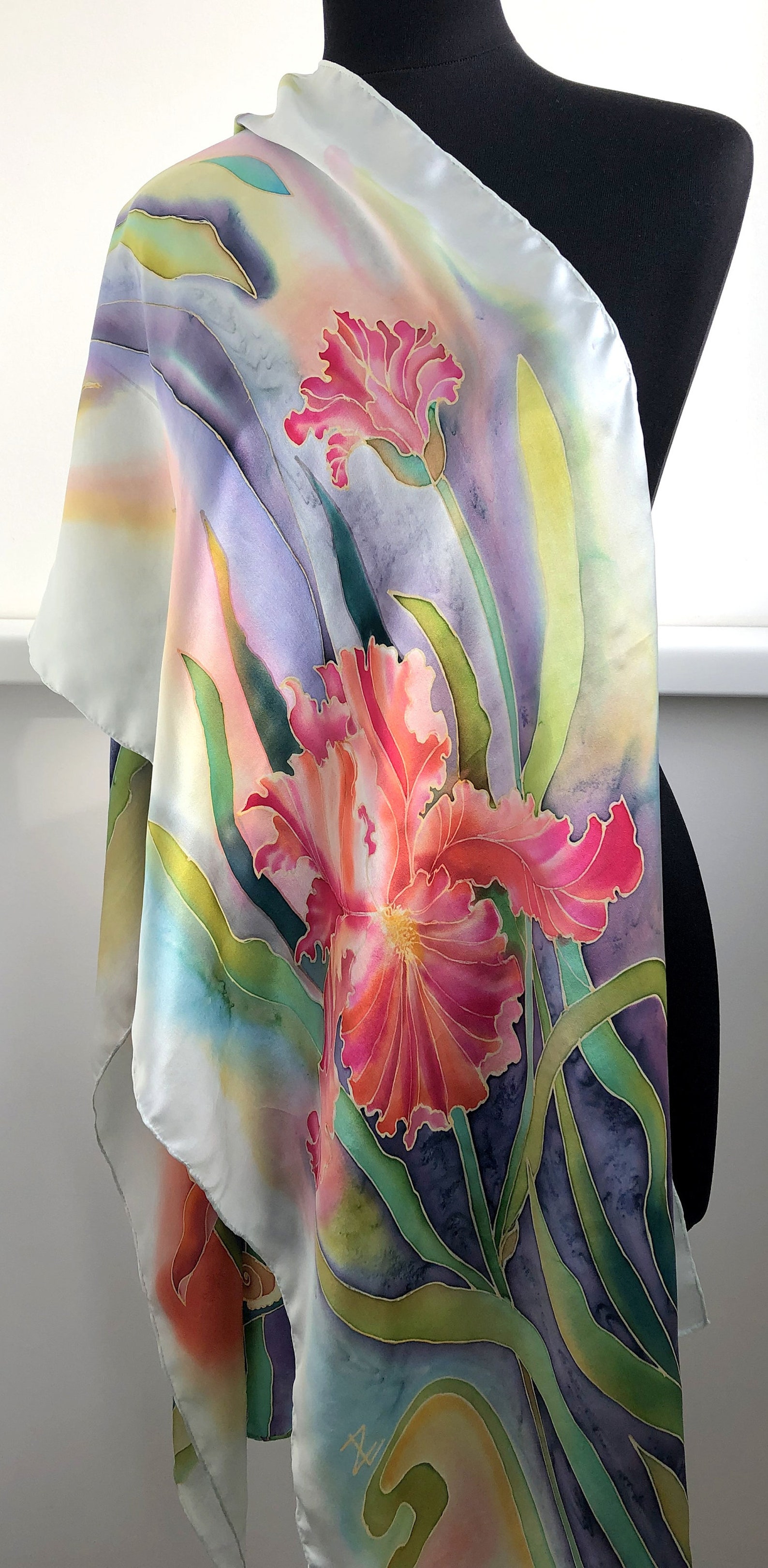 Iris Batik Silk Satin Scarf Hand Painted Silk Gift Women - Etsy