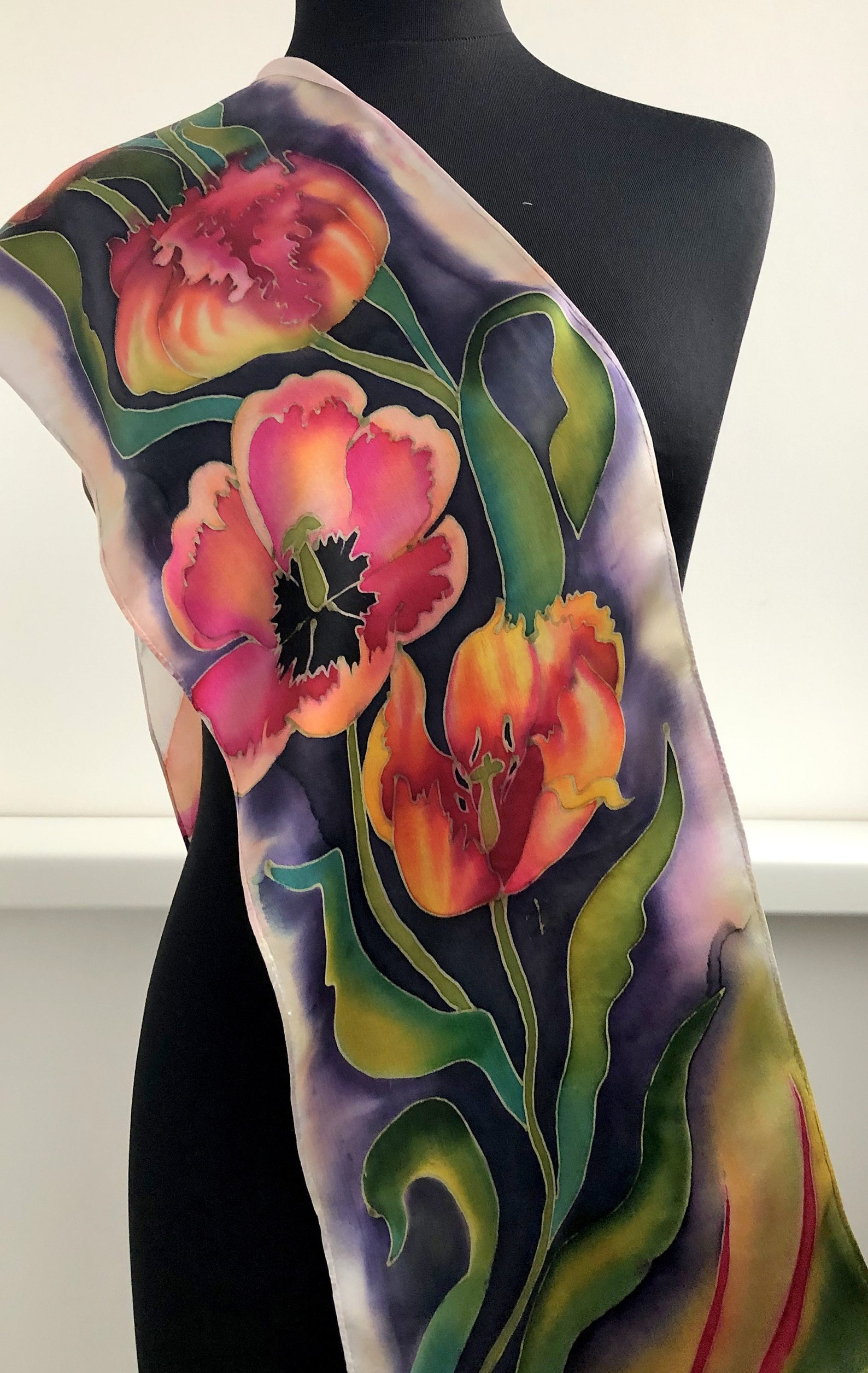 Silk Satin Scarf Batik Tulips Hand-painted Silk Gift for - Etsy