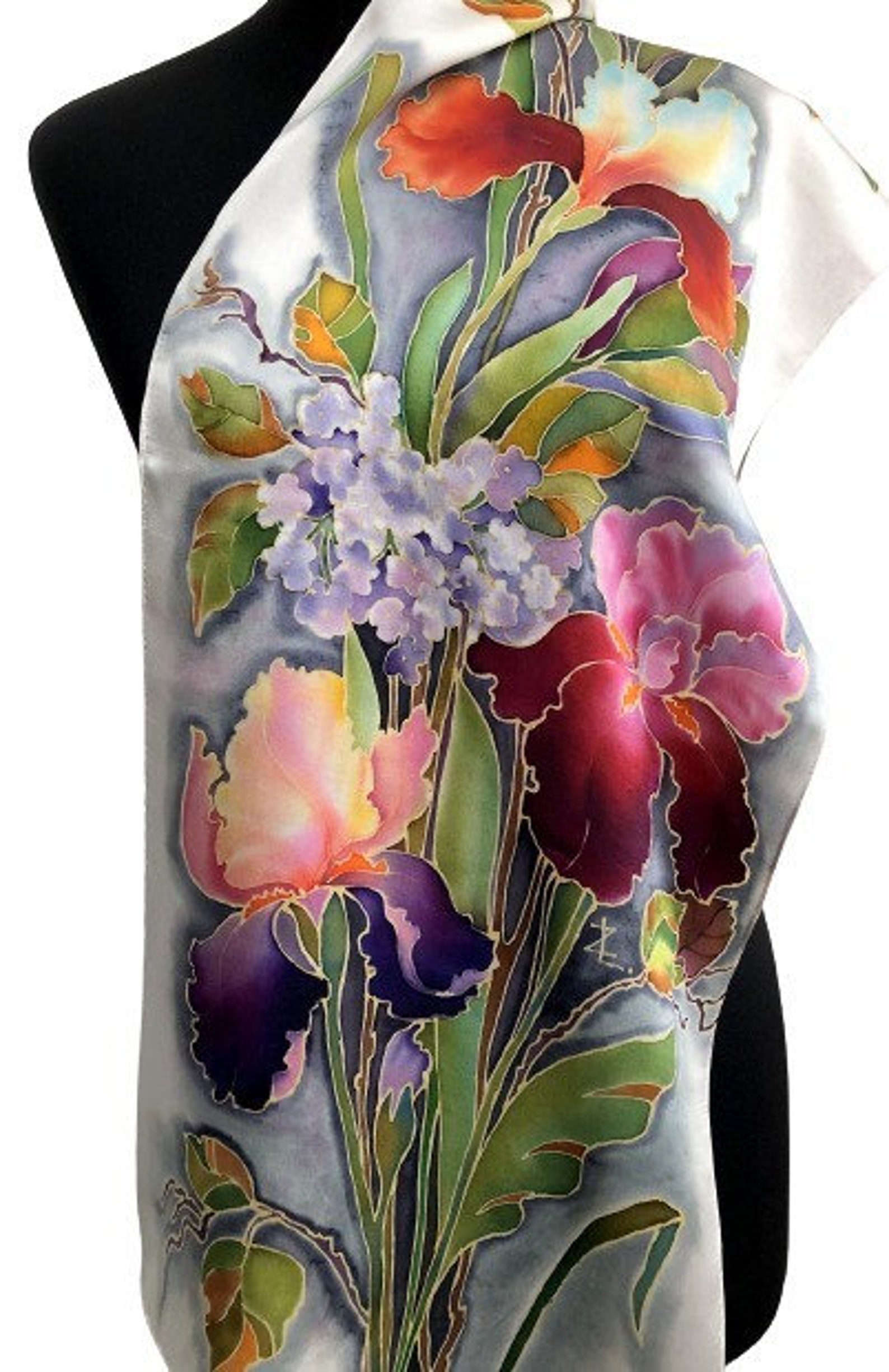 Iris Batik Silk Satin Scarf, Hand Painted Silk, Gift Women. - Etsy