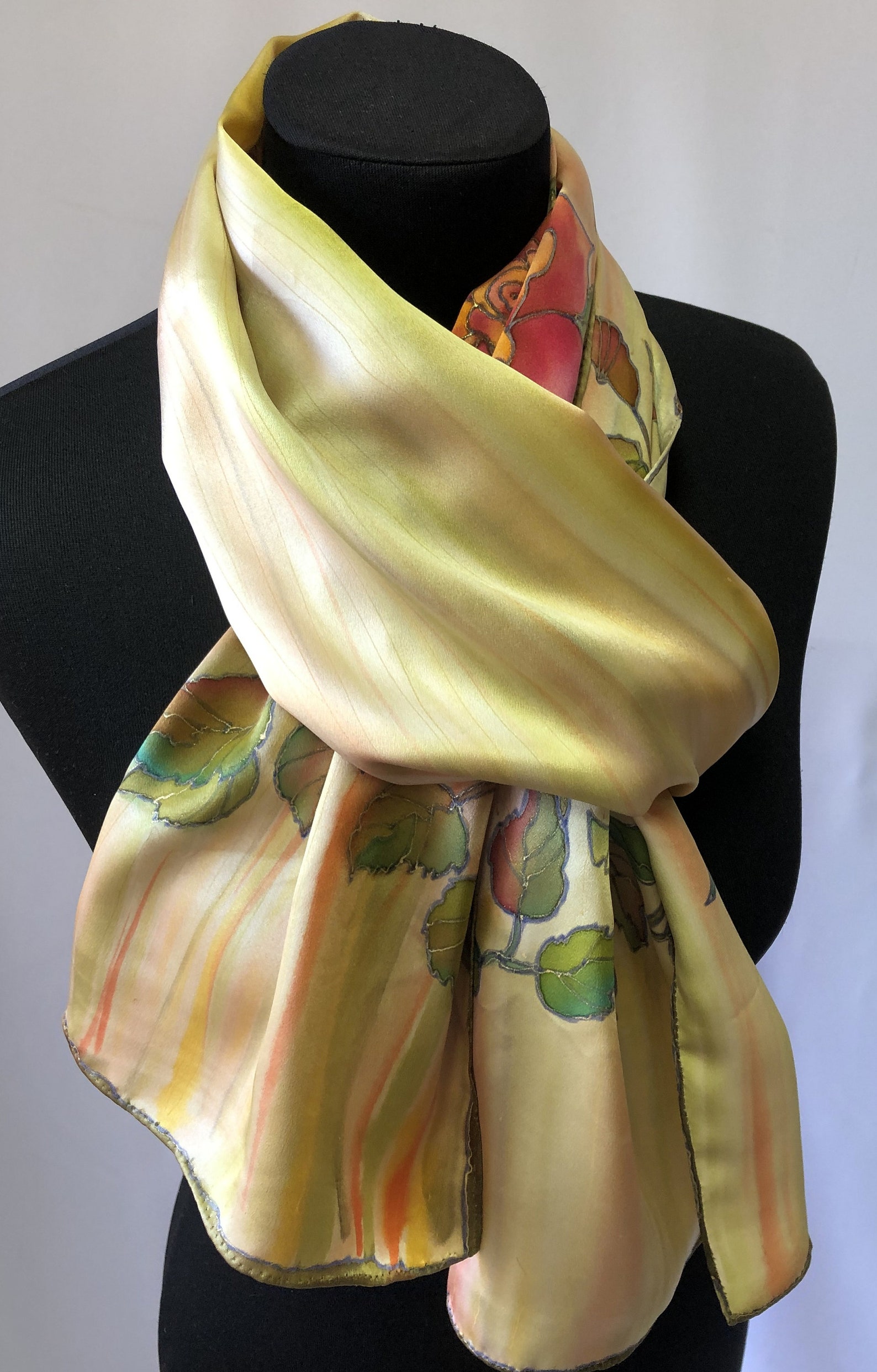 Silk Scarf Scarlet Roses Satin Silk/ Hand Painted Silk Scarf/ - Etsy
