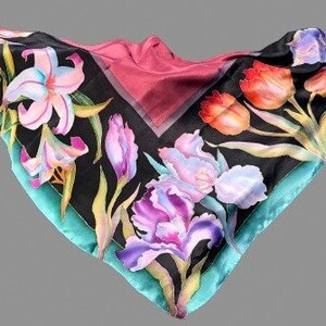 Hand Painted Silk Shawl Spring Flowers Floral Designer Scarf Luxury ...
