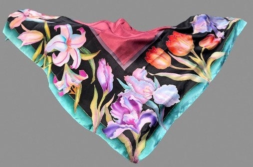 Hand Painted Silk Shawl Spring Flowers Floral Designer Scarf Luxury ...