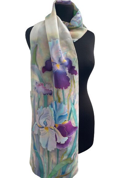 Hand Painted Natural Silk Scarf Irises Crepe De Chine Gift Ideas for ...