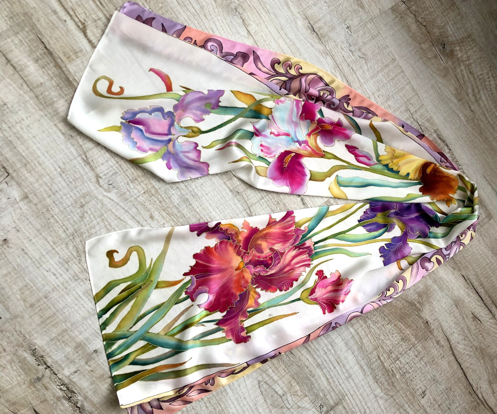 Hand Painted Silk Scarf Irises with Ornament Garden Flowers | Etsy