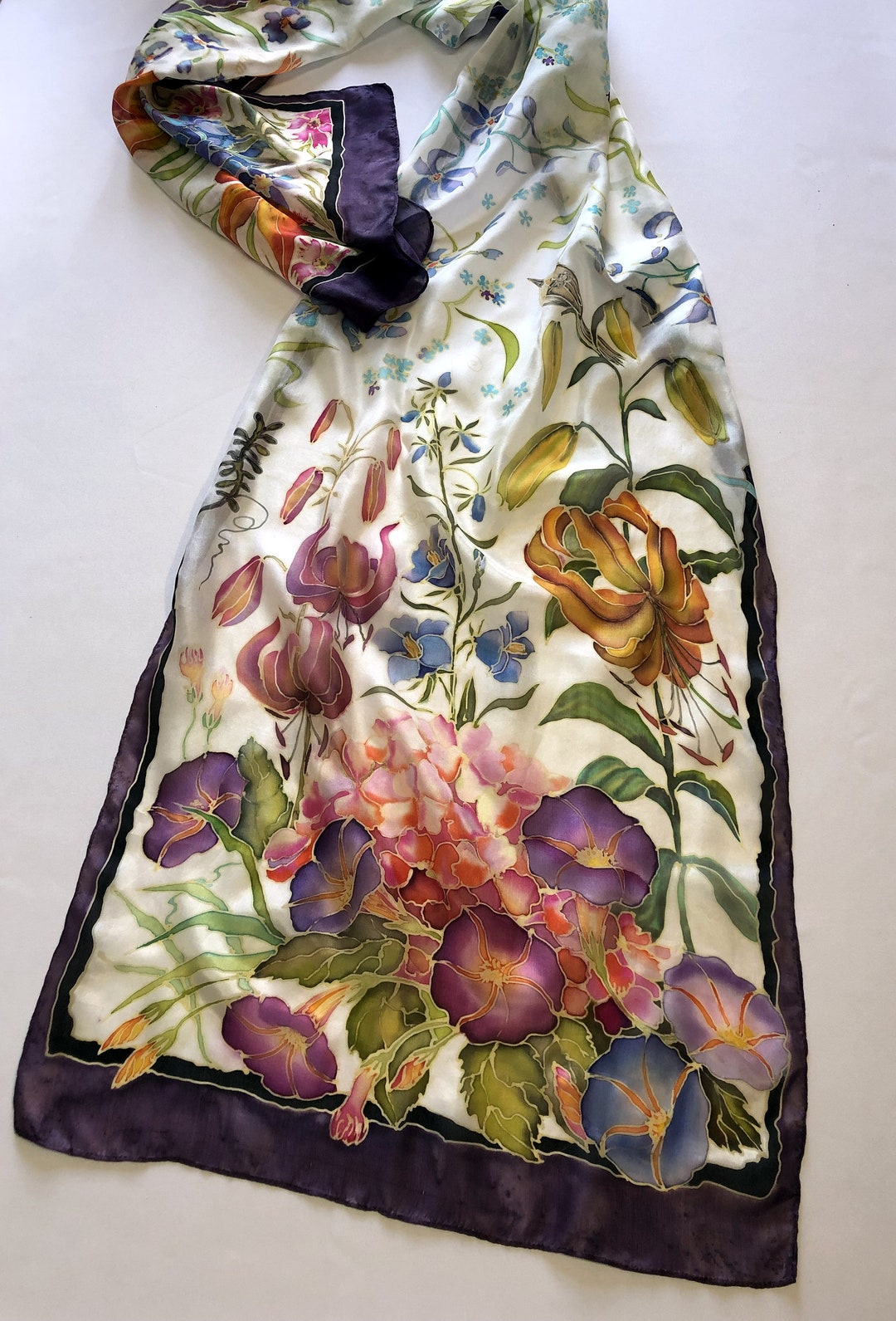 Silk Scarf June Flowers Natural Motiv Silk Scarf Hand - Etsy