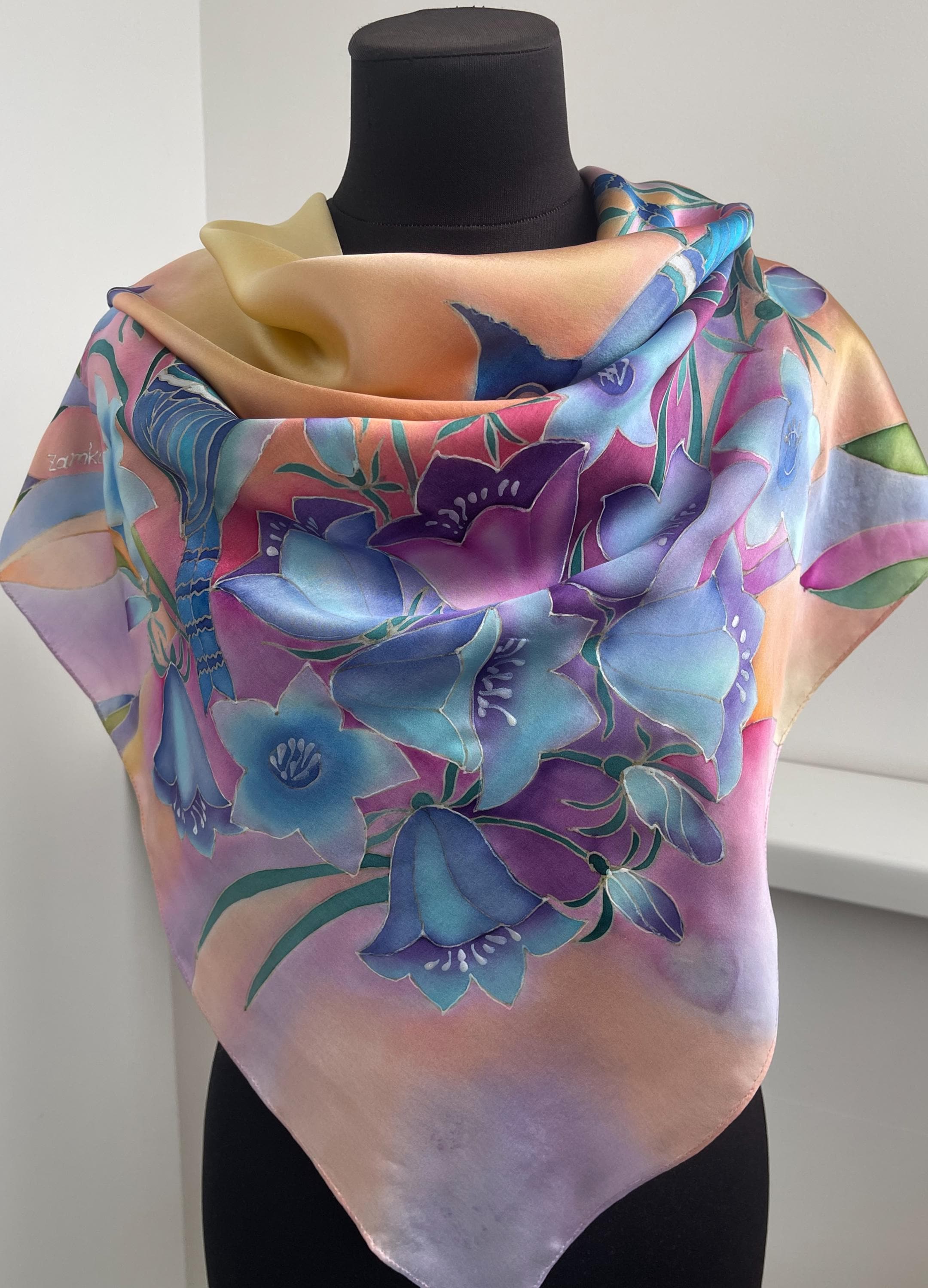 Bells Silk Scarf Handpainted Natural Silk Satin Gift for Her 36"/36 ...