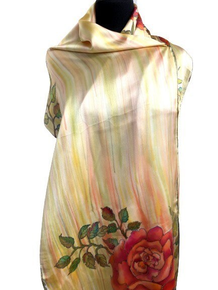 Silk Scarf Scarlet Roses Satin Silk/ Hand Painted Silk Scarf/ - Etsy