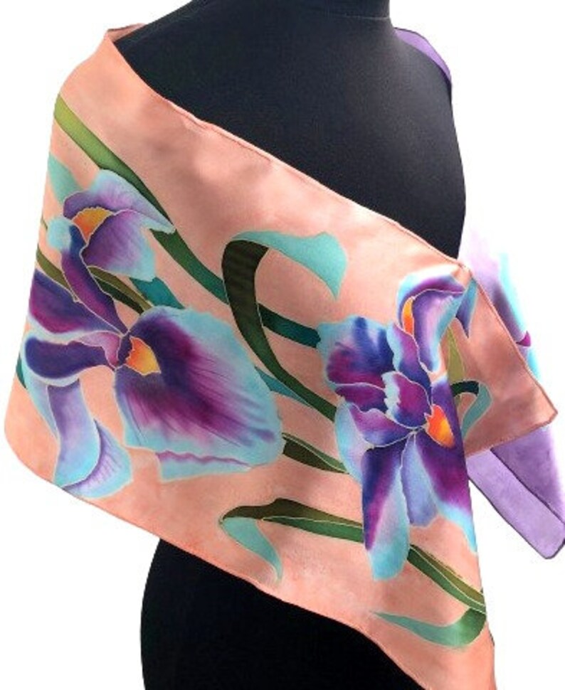 Hand Painted Silk Scarf Irises Natural Satin Gift Ideas for Women ...