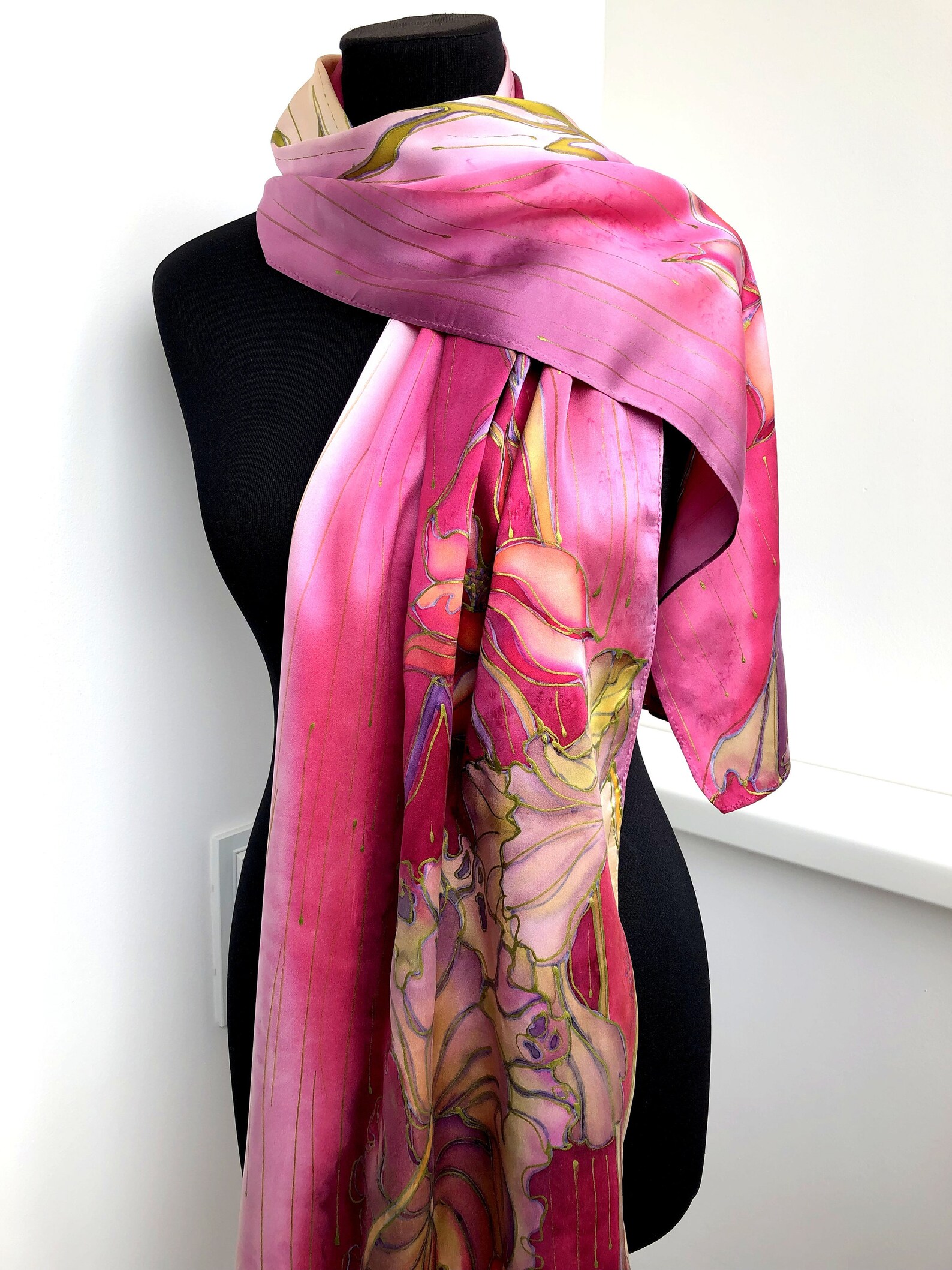 Silk Scarf Lotus Hand Painted Burgundy and Ocher Silk Scarf - Etsy