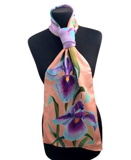 Hand Painted Silk Scarf Irises Natural Satin Gift Ideas for Women ...