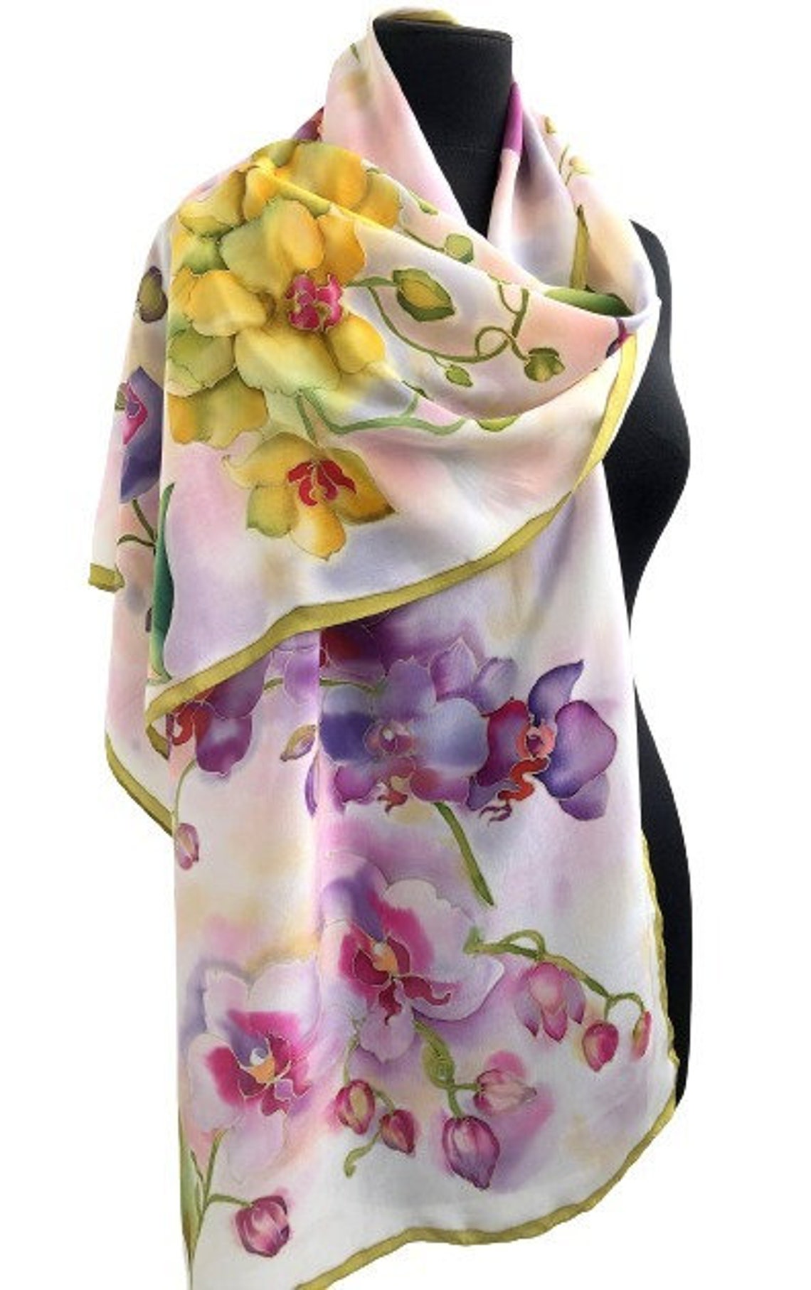 Orchids Natural Silk Scarf, Hand Painted Silk, Floral Designer Scarf ...