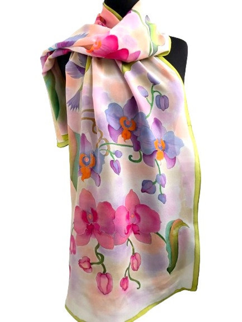 Orchids Natural Silk Scarf Hand Painted Silk Floral Designer Scarf ...