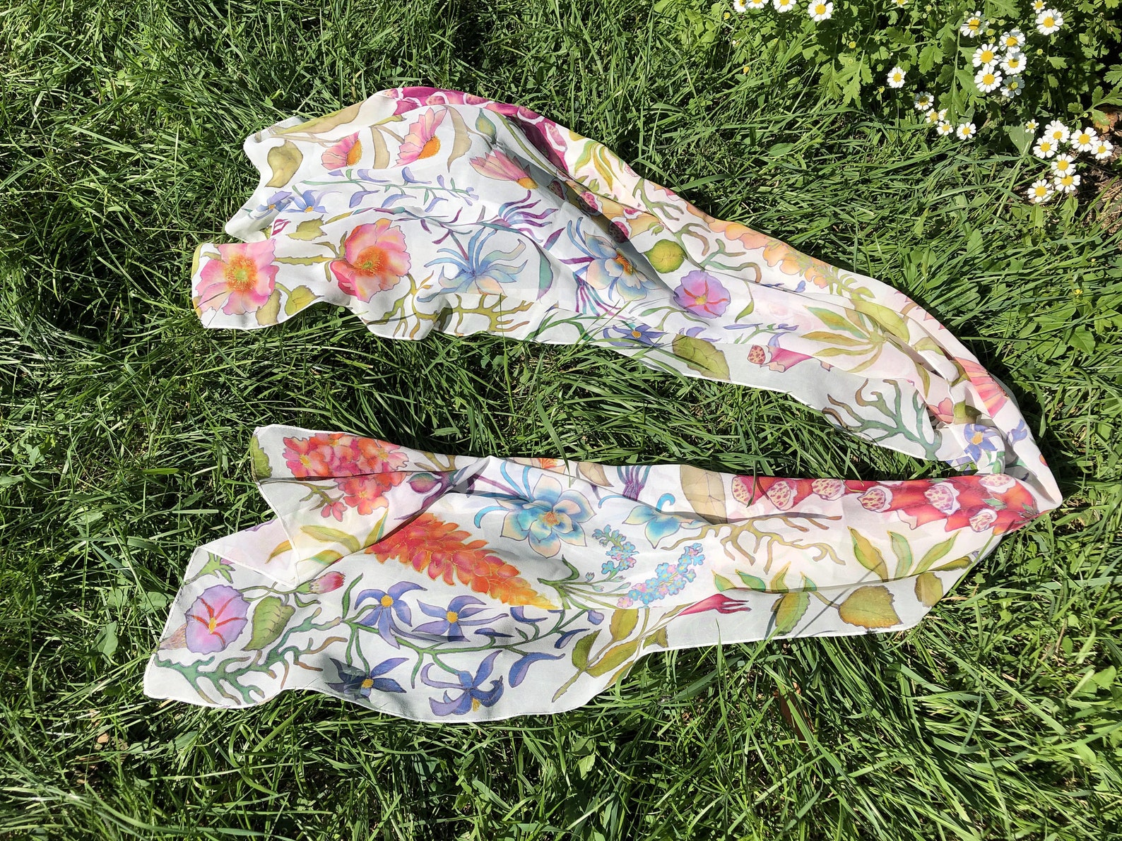 Hand Painted Botany Silk Chiffon Scarf, Garden Flowers Scarf, Silk ...