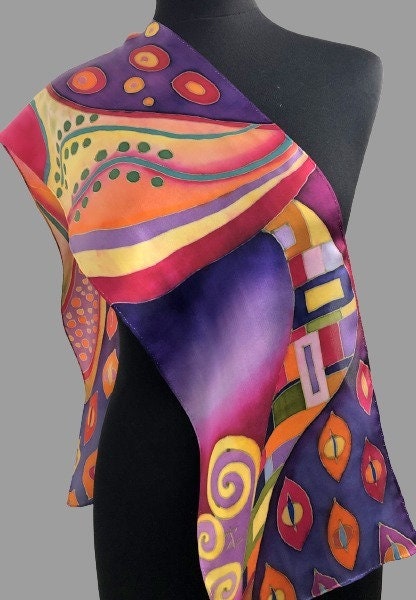Hand Painted Silk Scarf Frey Wille / Abstract Scarf /natural Silk Satin ...