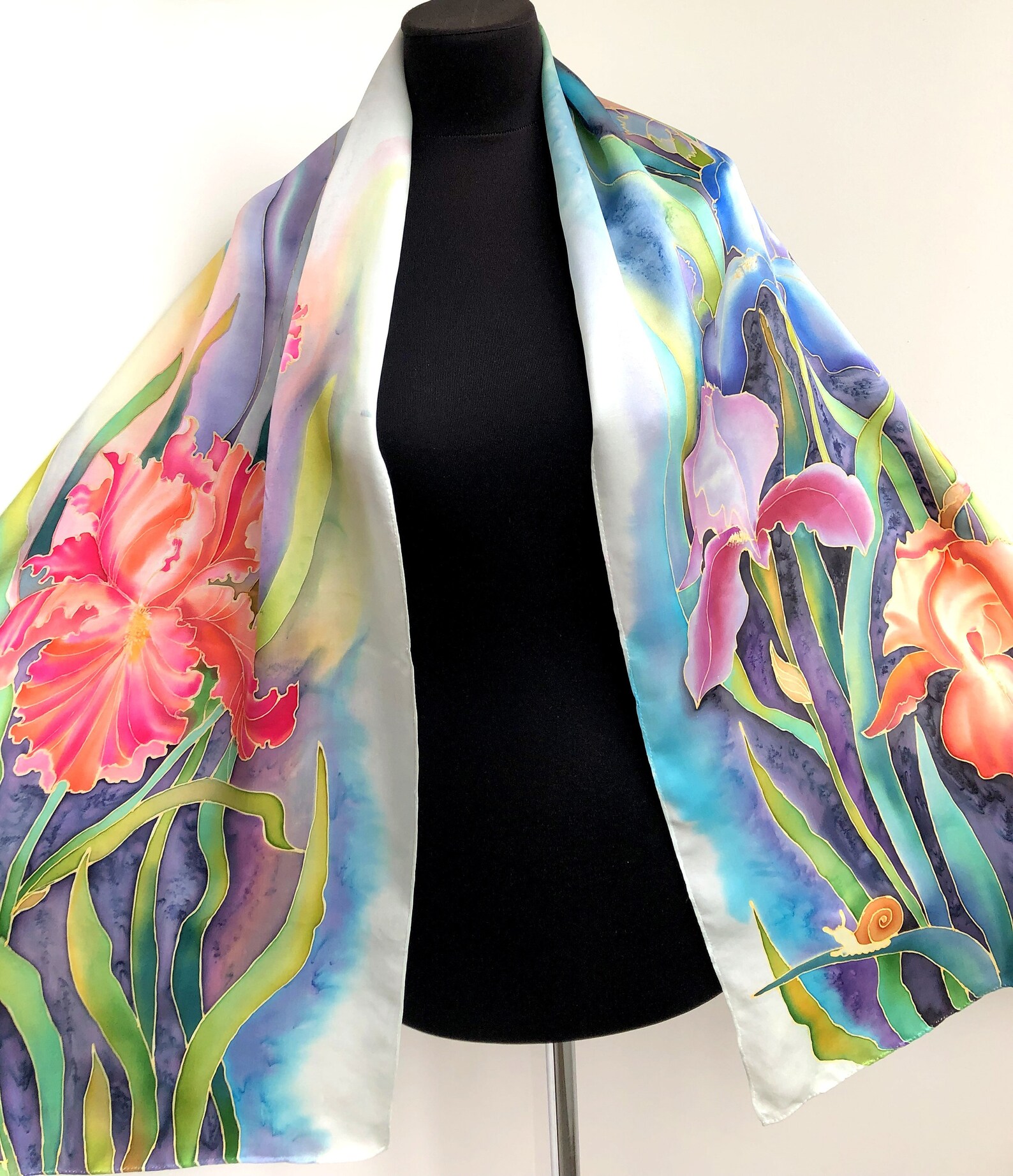 Iris Batik Silk Satin Scarf Hand Painted Silk Gift Women - Etsy