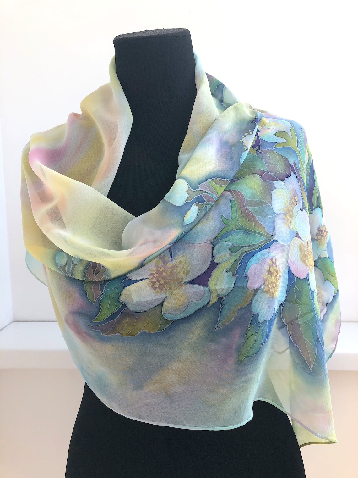 Silk scarf jasmine flowers natural motif silk scarf | Etsy