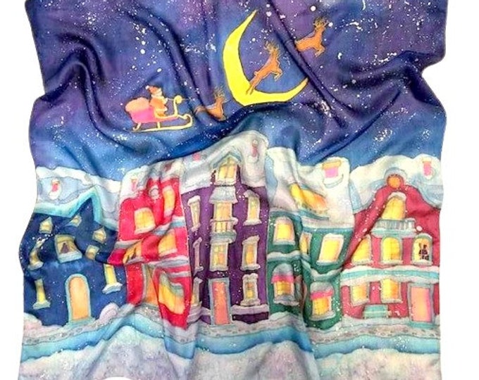 Silk Square Scarf "christmas", Hand Painted Silk Scarf, Blue Christmas ...