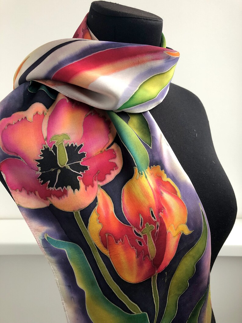 Silk Satin Scarf Batik Tulips Hand-painted Silk Gift for - Etsy