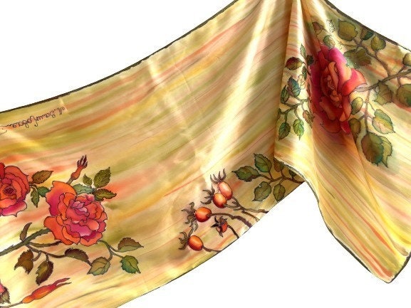 Silk Scarf Scarlet Roses Satin Silk/ Hand Painted Silk Scarf/ - Etsy