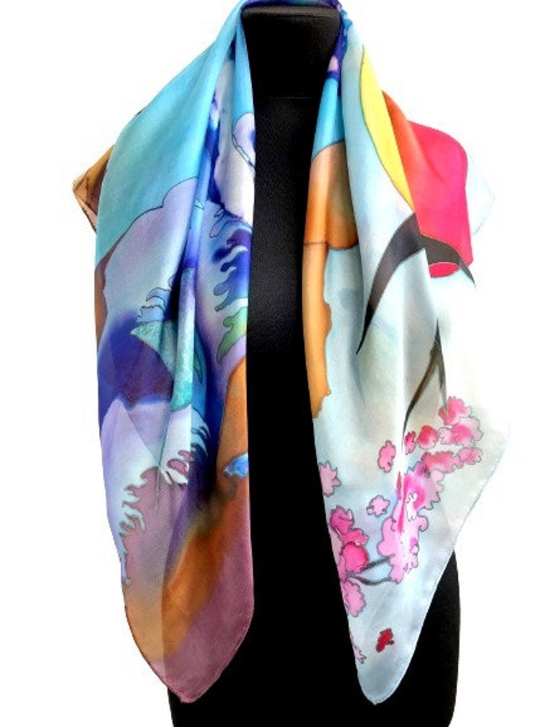 Hand Painted Whale and Sakura Japan 36 "/ 36" Silk Square Scarf. - Etsy
