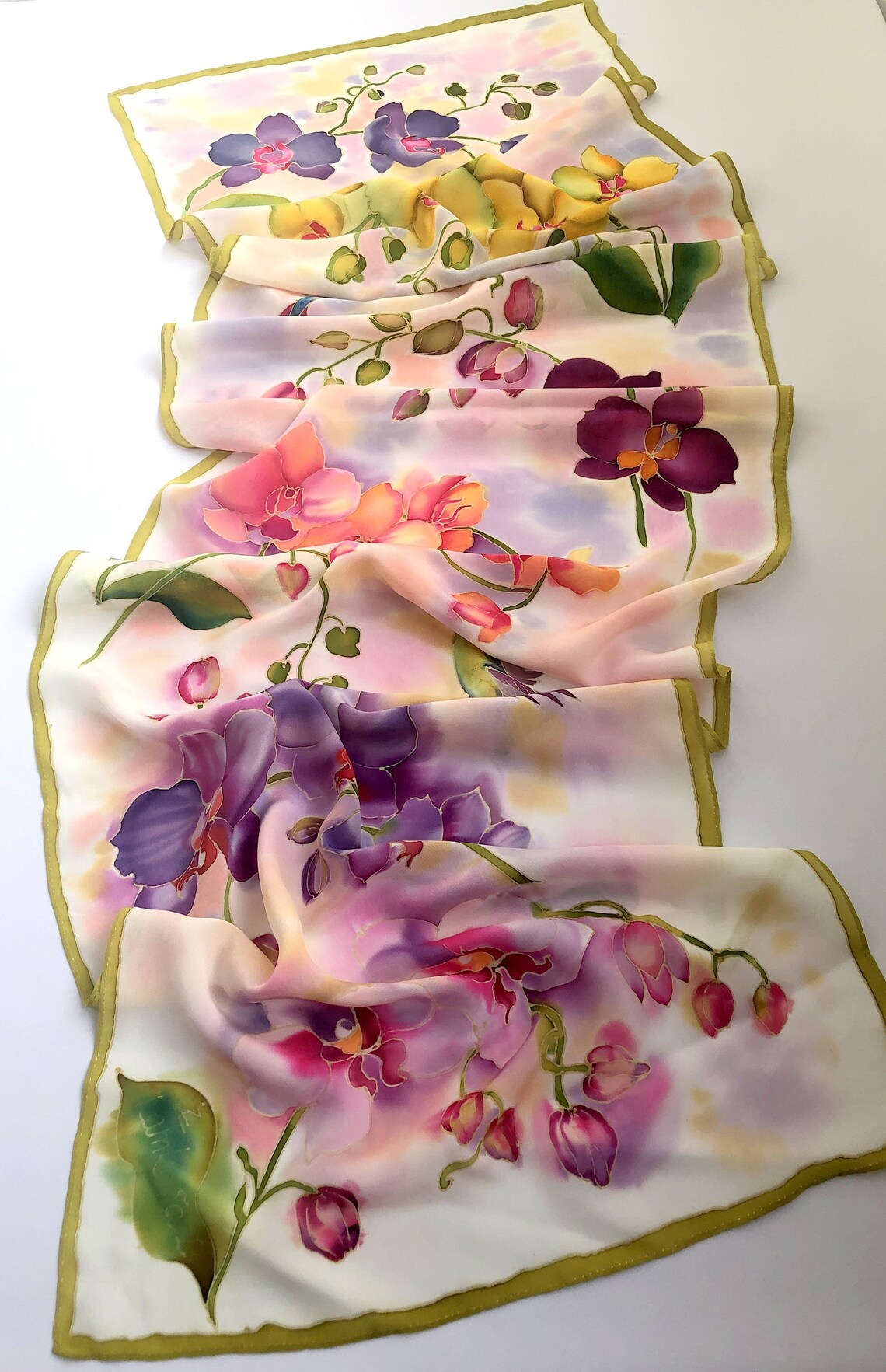 Orchids Natural Silk Scarf Hand Painted Silk Floral Designer - Etsy