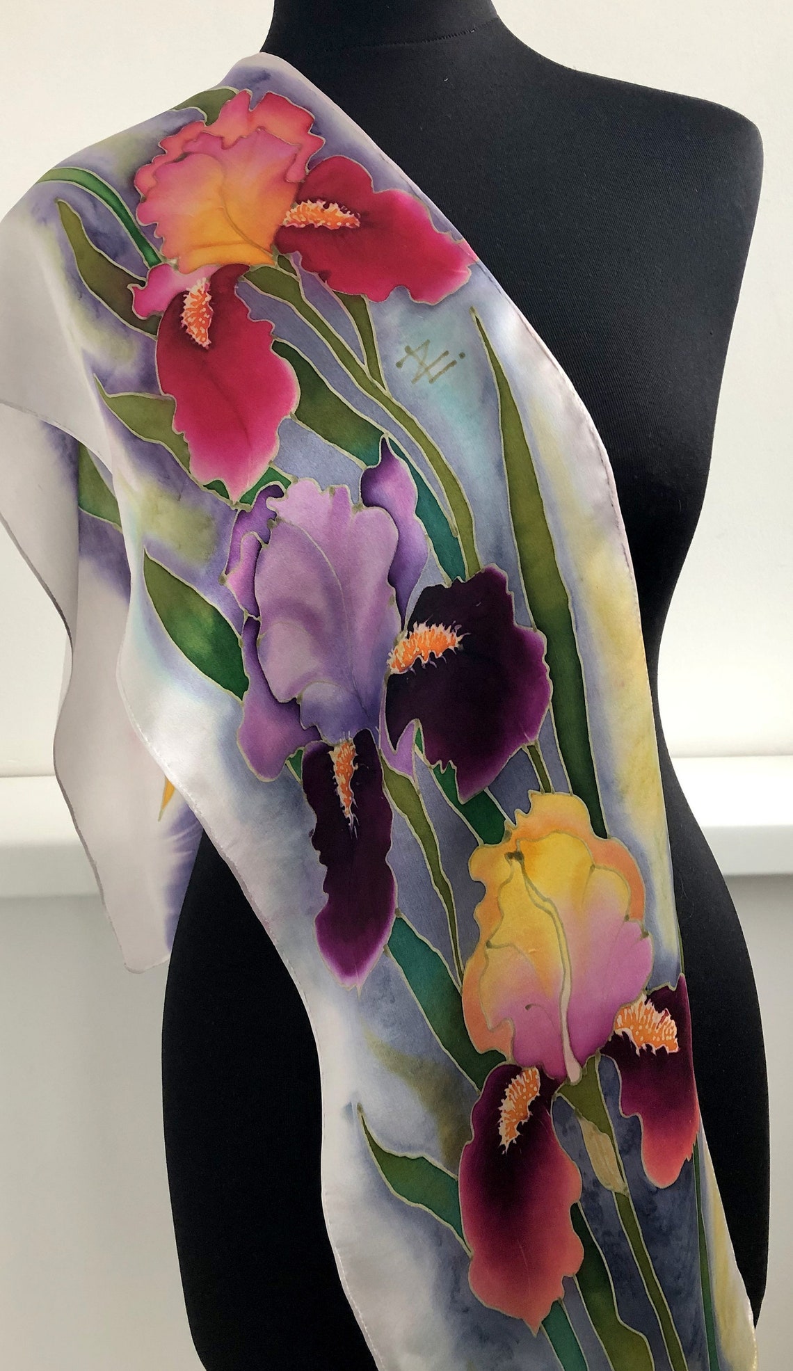 Iris Batik Silk Satin Scarf Hand Painted Silk Gift Women. - Etsy