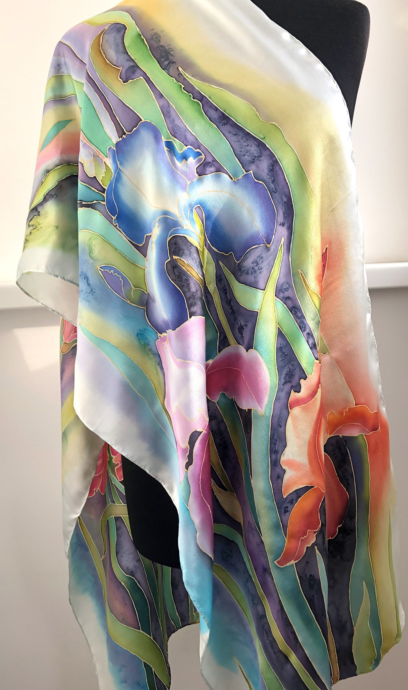 Iris Batik Silk Satin Scarf Hand Painted Silk Gift Women - Etsy