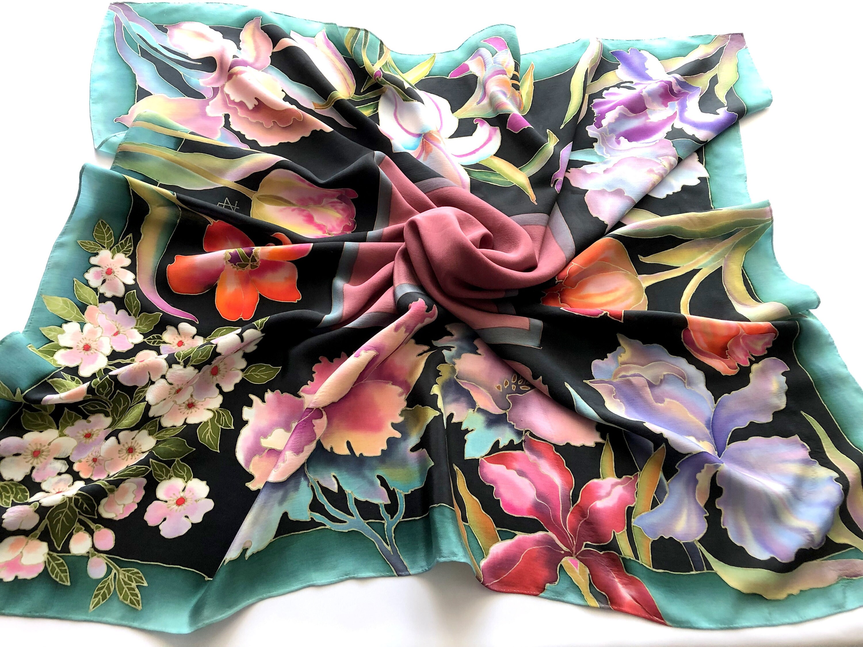 Hand Painted Silk Shawl spring Flowers Floral Designer - Etsy