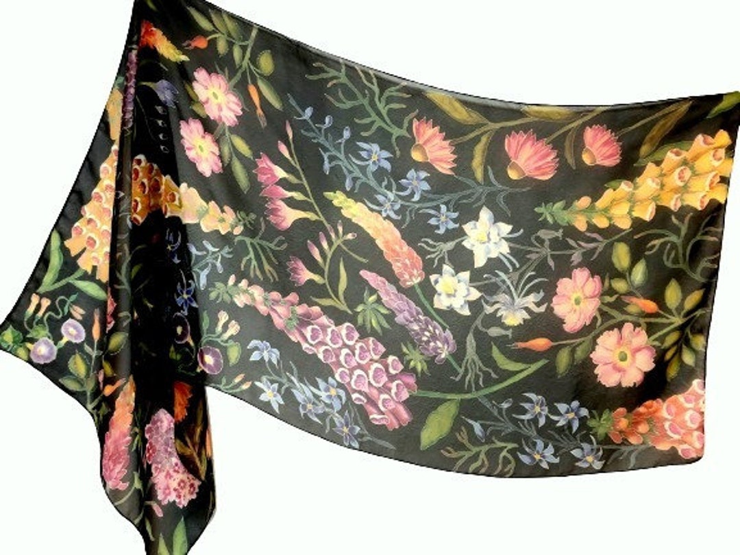Silk Scarf botany on Black, Hand Painted Silk Chiffon Scarf, Garden ...