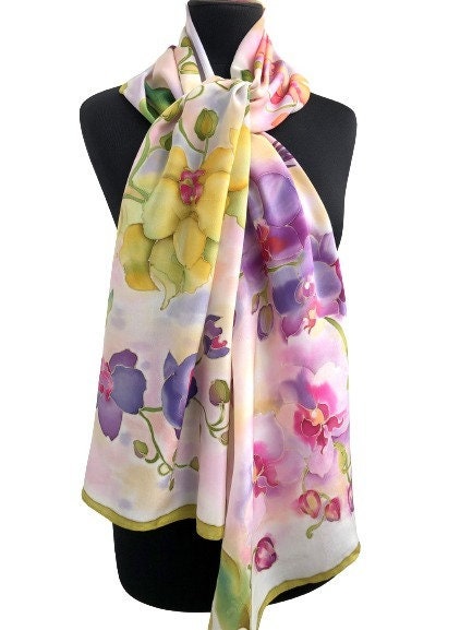 Orchids Natural Silk Scarf, Hand Painted Silk, Floral Designer Scarf ...