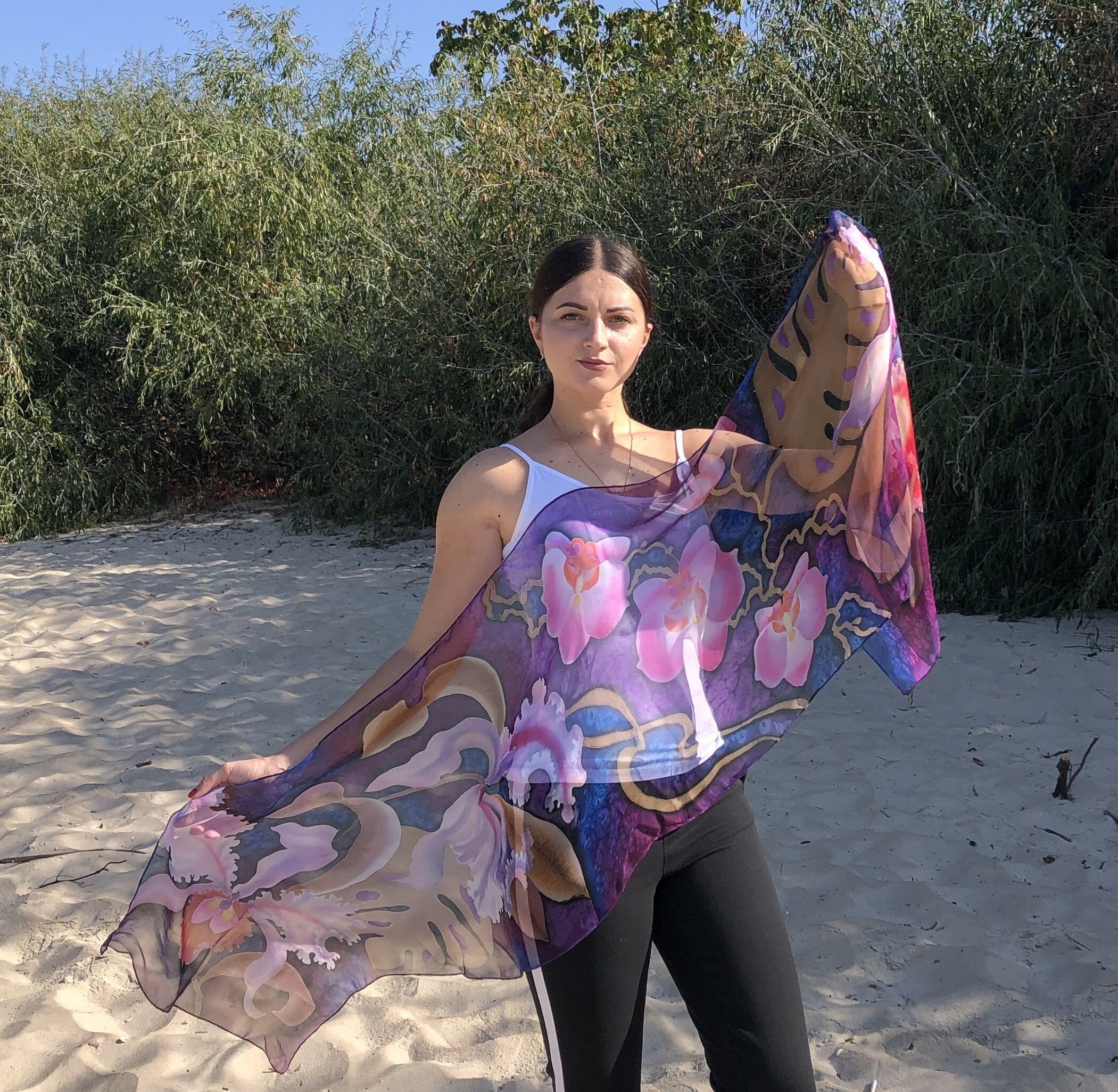 Hand Painted Large Chiffon Scarf Orchids Lightweight Silk Scarf Wedding ...