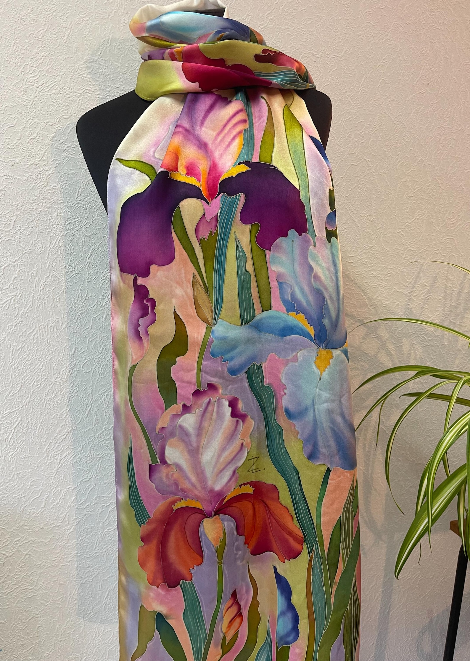 Iris Batik Silk Satin Scarf, Hand Painted Silk, Gift Women, 71/17. - Etsy