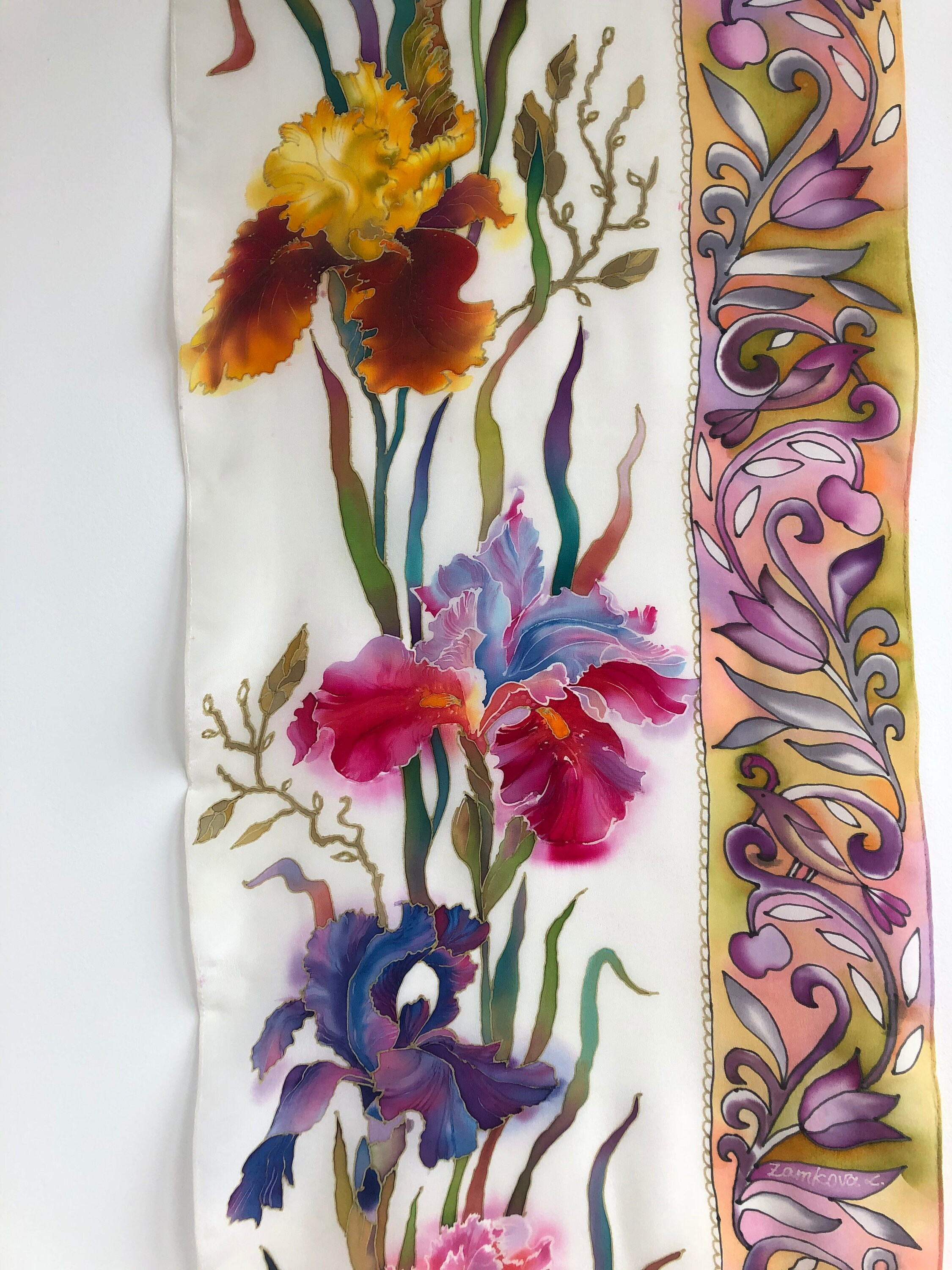 IRISES SCARF With ORNAMENT. Natural Motiv Silk Scarf. Hand - Etsy UK