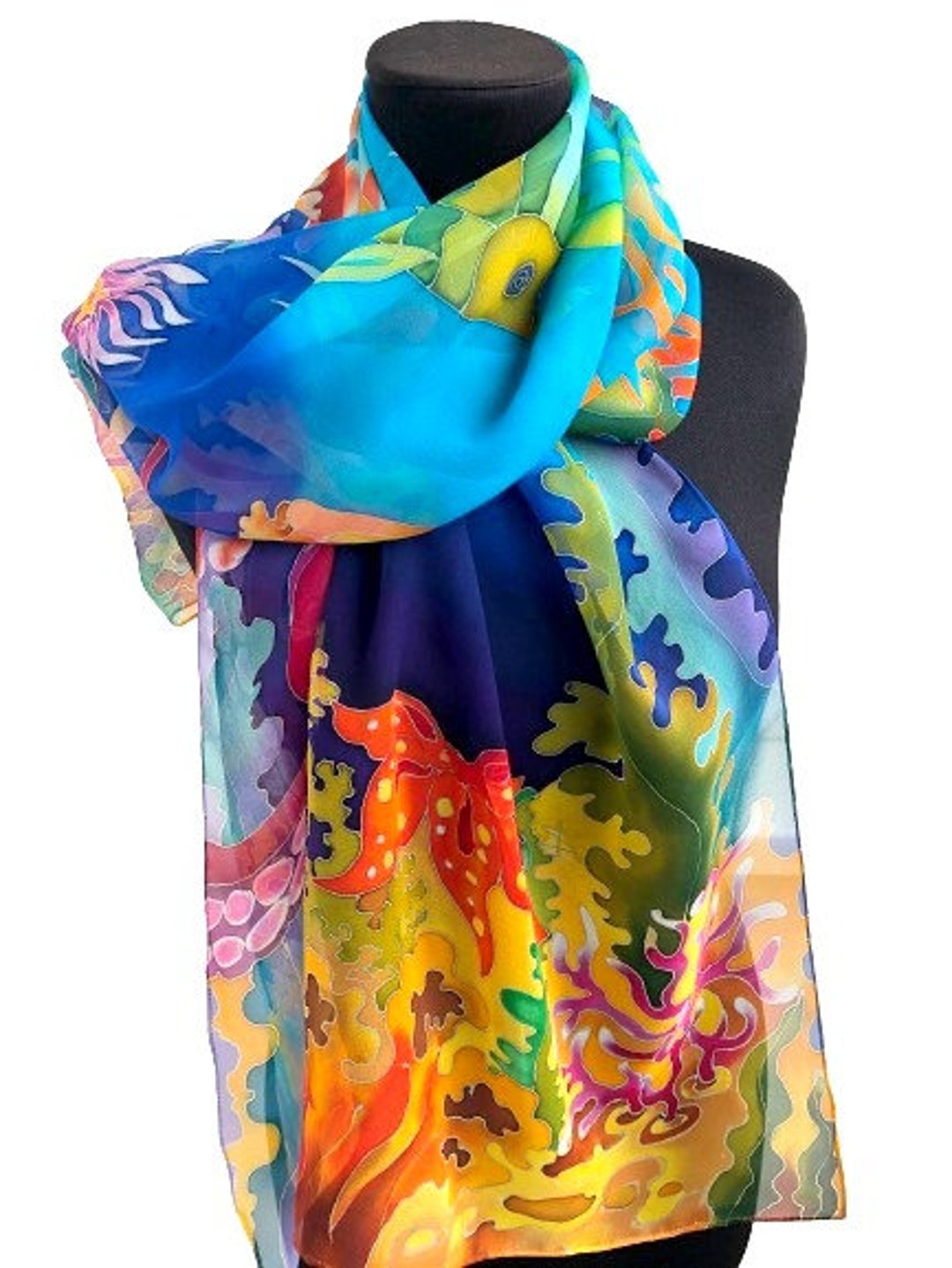 Hand Painted Silk Shawl Sarong Tropics Sea Fish Natural - Etsy