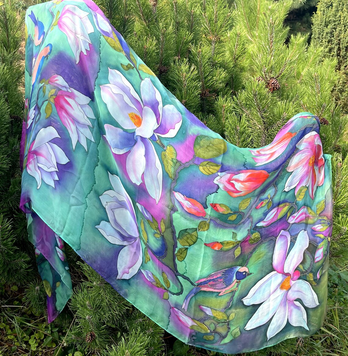 100% Silk Hand Painted Large Magnolia Shawl on Emerald Gift for Her and ...
