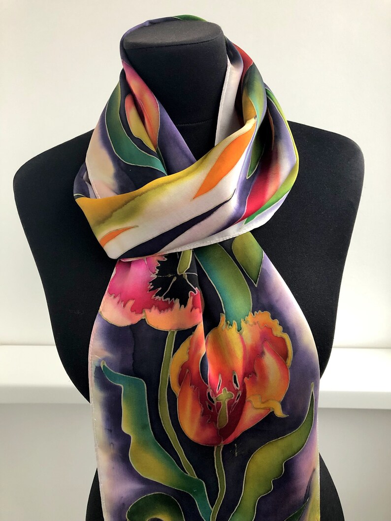 Silk Satin Scarf Batik Tulips Hand-painted Silk Gift for - Etsy