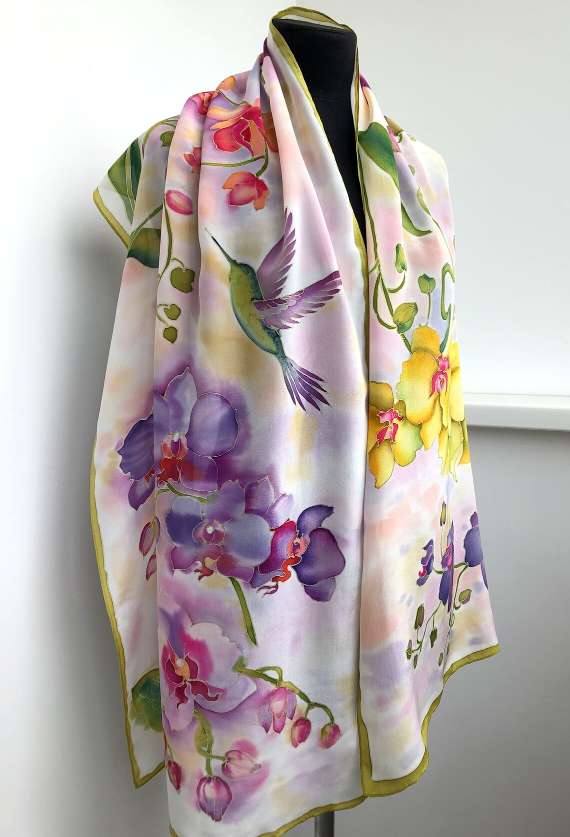 Orchids Natural Silk Scarf Hand Painted Silk Floral Designer | Etsy