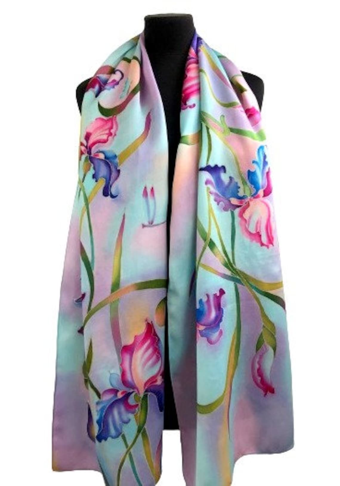 Silk Satin Scarf Hand Painted Irises Art Nouveau 70"/17" Flowers Silk ...