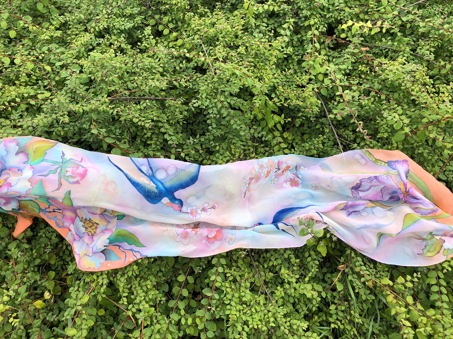 Buy Large Silk Scarf Flying Swallows, Hand-painted Silk Scarf ...