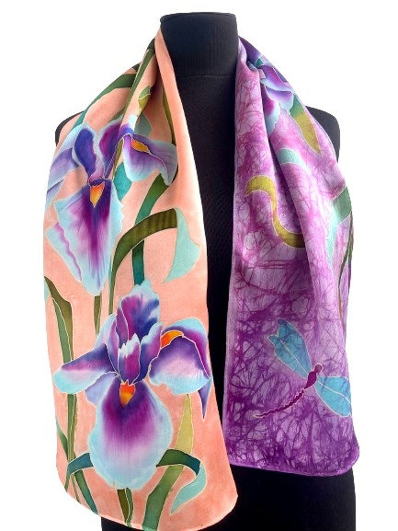 Hand Painted Silk Scarf Irises Natural Satin Gift Ideas for Women ...