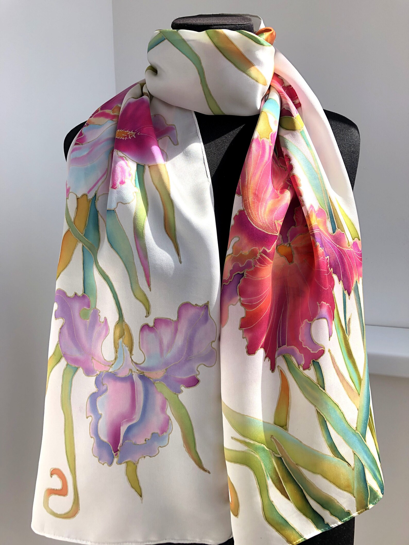 Hand Painted Silk Scarf Irises With Ornament, Garden Flowers Silk Scarf ...