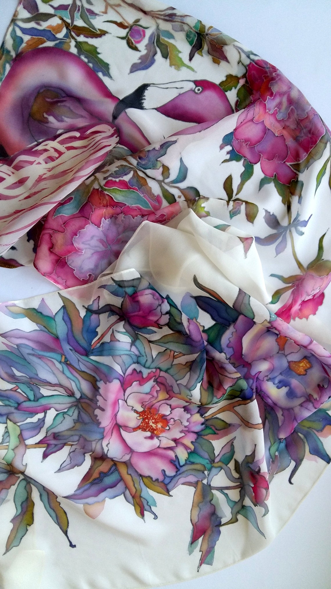 Silk Scarf Flamingo in Peonies Silk Scarf Handpainted - Etsy