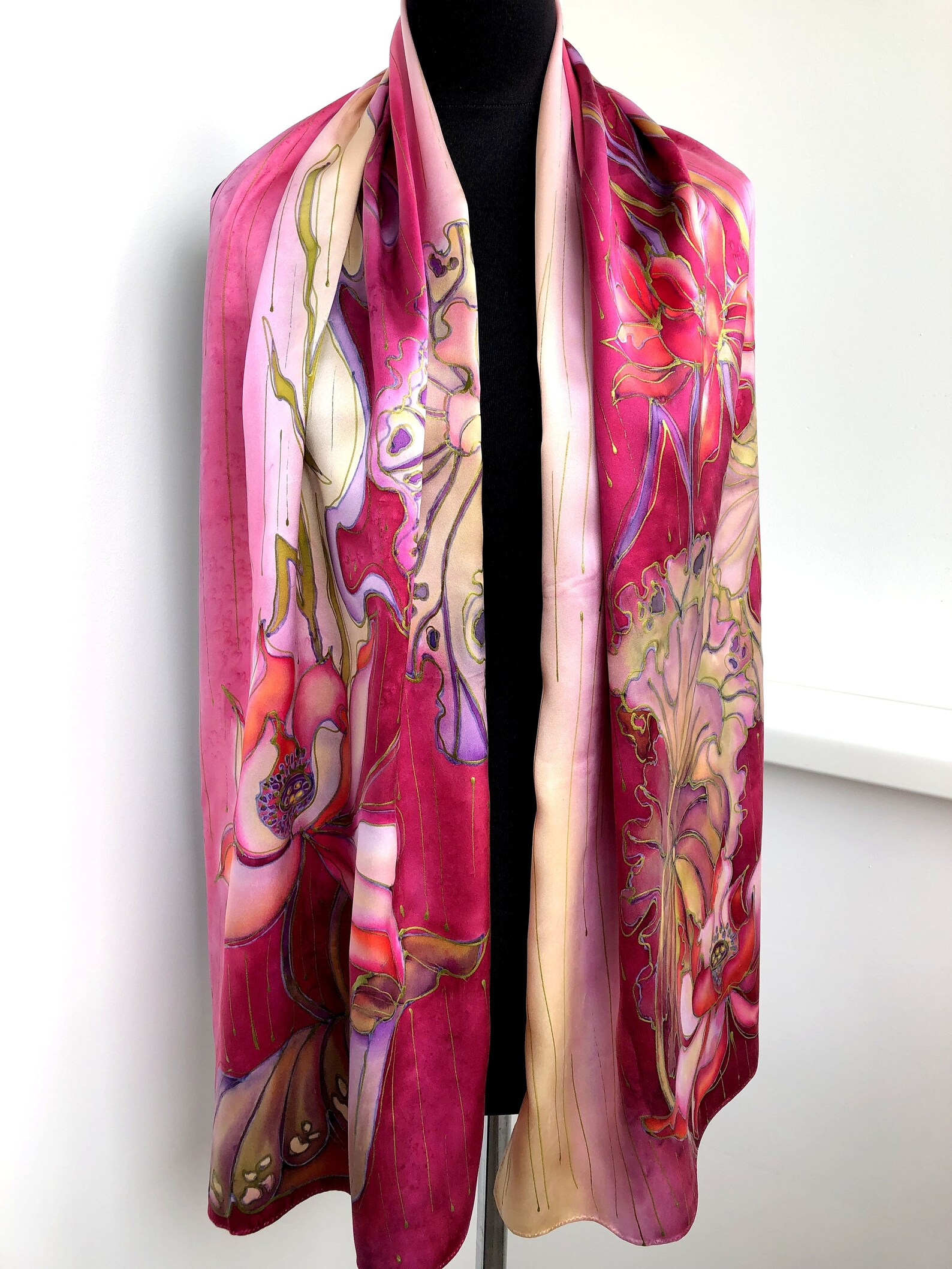 Silk Scarf Lotus Hand Painted Burgundy and Ocher Silk Scarf - Etsy