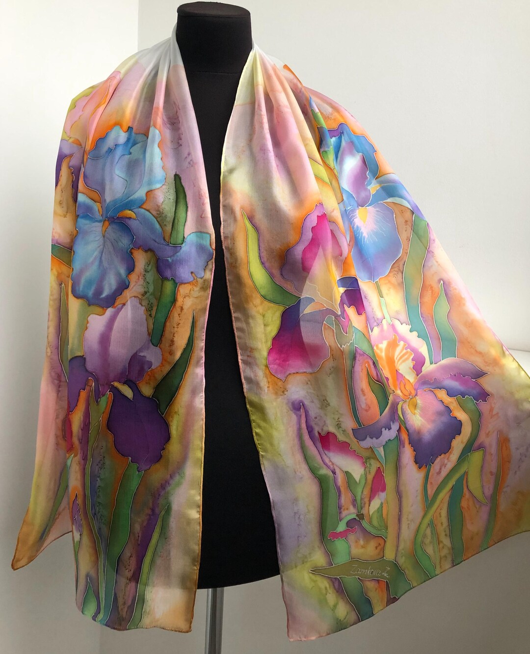 Handpainted Silk Scarf, Irises Long Scarf, Garden Flowers Silk Scarf ...