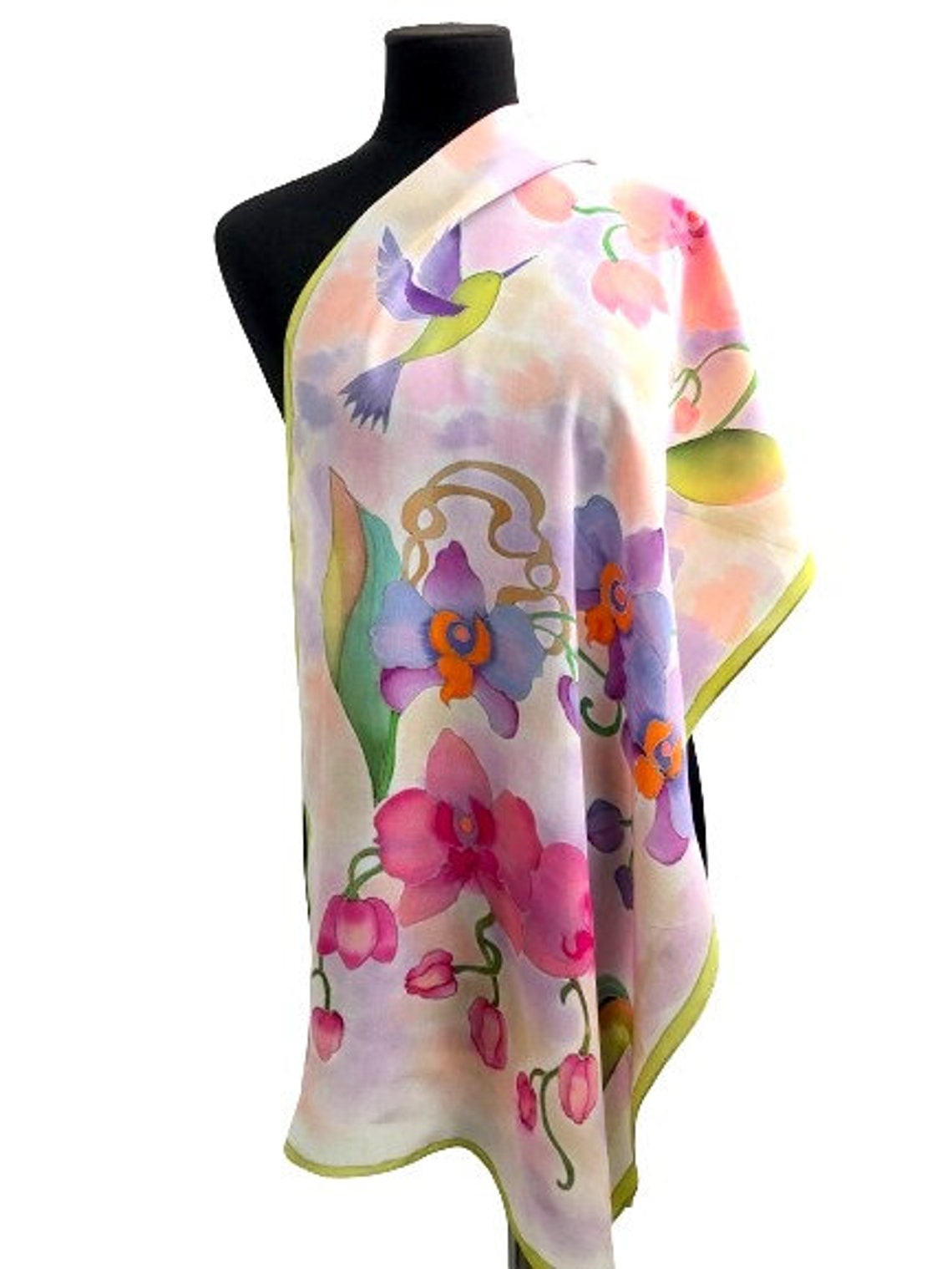 Orchids Natural Silk Scarf Hand Painted Silk Floral Designer - Etsy