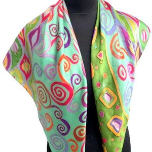 Hand Painted Silk Scarf Frey Wille Silk Shawl Emerald and Ruby, Natural ...